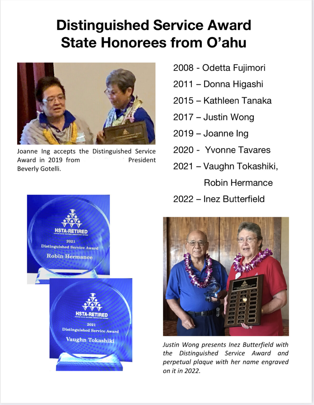Distinguished Service Awardees ~ O‘ahu | HSTA-Retired